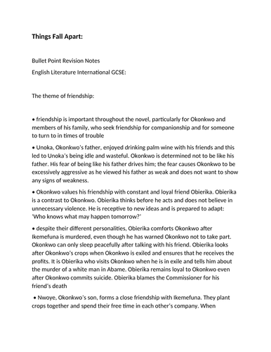 iGCSE REVISION NOTES - bullet point essay planner - theme of friendship ...