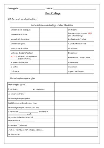 FRENCH - MY SCHOOL - MON COLLÈGE | Teaching Resources
