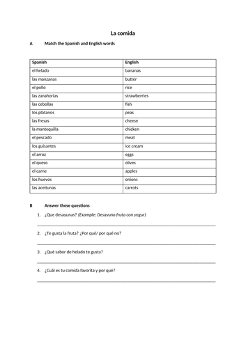 Spanish - La comida (vocab review, reading & translation) | Teaching ...