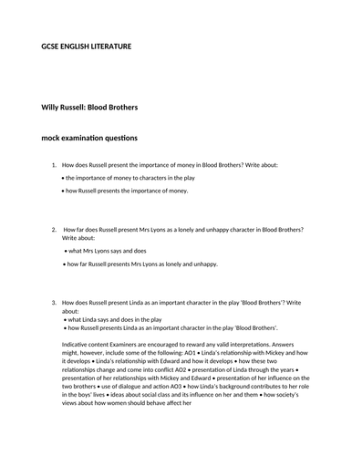 GCSE ENGLISH LITERATURE - a bank of essay questions on "Blood Brothers ...