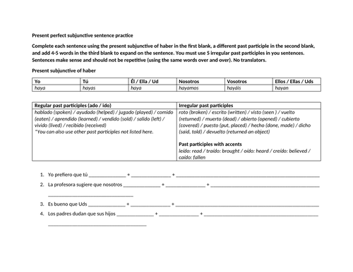 Present perfect subjunctive sentence practice | Teaching Resources