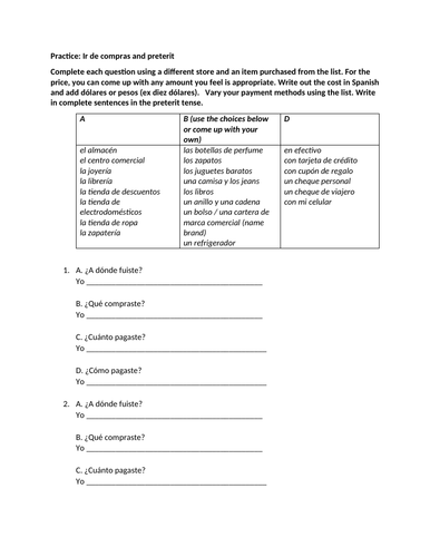 Practice: Ir de compras and preterit | Teaching Resources