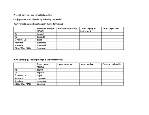 Car Gar Zar preterit fast practice | Teaching Resources