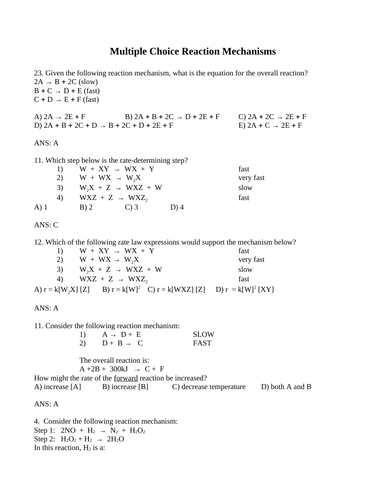 REACTION MECHANISMS Multiple Choice Grade 12 Chemistry WITH ANSWERS ...