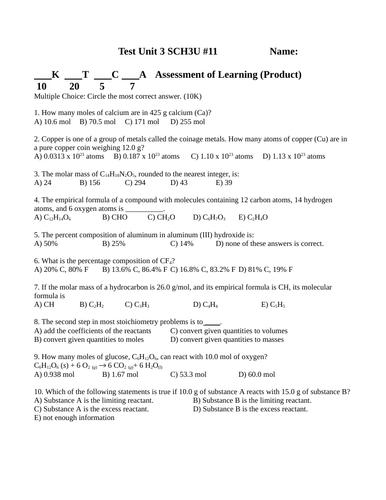MOLES AND STOICHIOMETRY TEST SCH3U Grade 11 Chemistry Test WITH ANSWERS ...