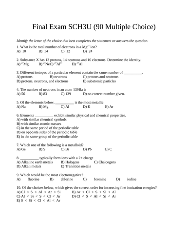 CHEMISTRY FINAL EXAM SCH3U Grade 11 Chemistry Exam 90 M.C. WITH ANSWERS ...