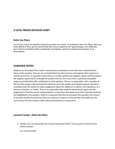 A bank of essay questions on Entre Les Murs A LEVEL FRENCH WJEC ...