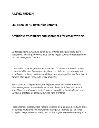Revision Notes : Louis Malle: Au Revoir Les Enfants - French A LEVEL ...