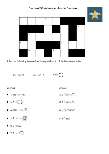 Inverse Functions A Level Maths Cross Number Teaching Resources