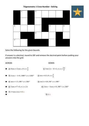 Solving Trigonometry A Level Maths Cross Number Teaching Resources