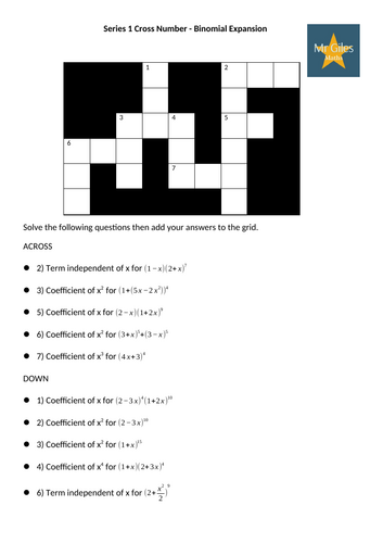 Binomial Expansions Series A Level Maths Cross Number | Teaching Resources