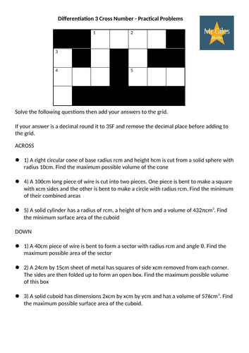 Practical Problems Differentiation A Level Maths Cross Number