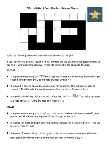 Rates of Change Differentiation A Level Maths Cross Number | Teaching ...
