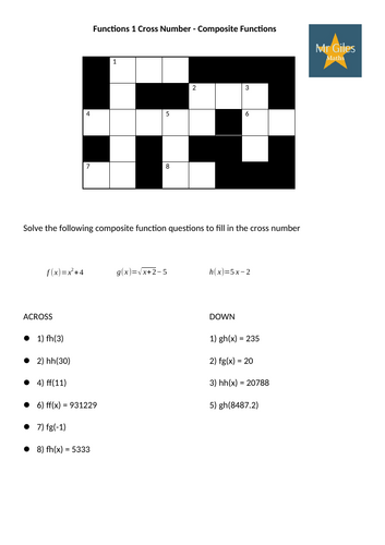 Functions A Level Maths Cross Number Group | Teaching Resources