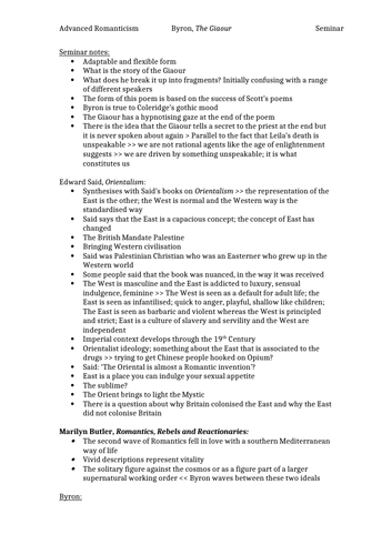 Lecture notes on Byron's The Giaour | Teaching Resources