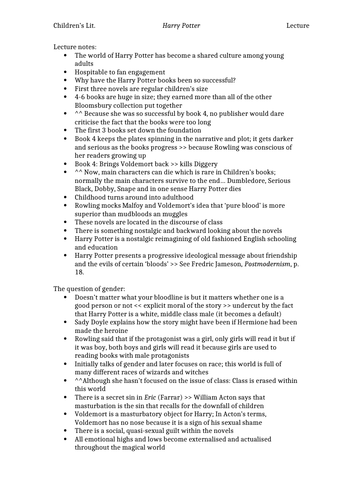 Lecture notes on Harry Potter | Teaching Resources
