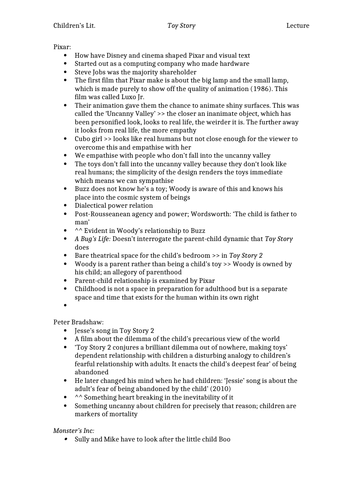 Lecture notes on Toy Story | Teaching Resources
