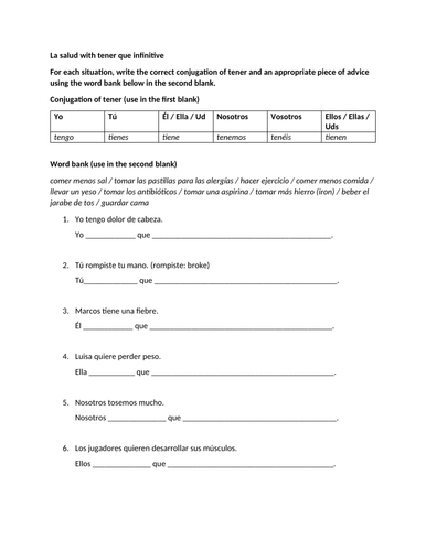 La salud with tener que infinitive | Teaching Resources