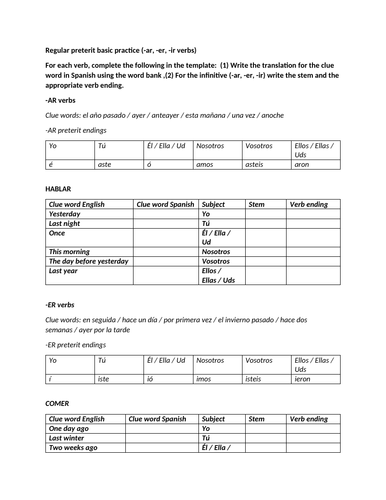 Regular preterit basic practice (-ar, -er, -ir verbs) | Teaching Resources