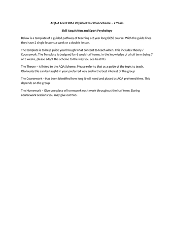 A Level Physical Education Psychology Scheme AQA | Teaching Resources