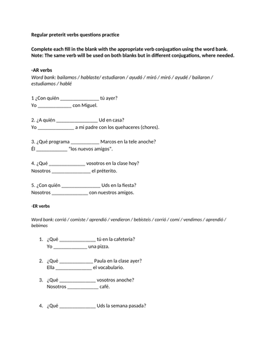Regular preterit questions practice | Teaching Resources