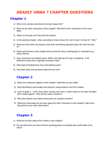 Deadly Unna: Chapter Questions | Teaching Resources