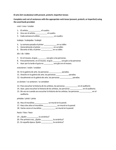 El arte vocab with present, preterit, imperfect tenses | Teaching Resources