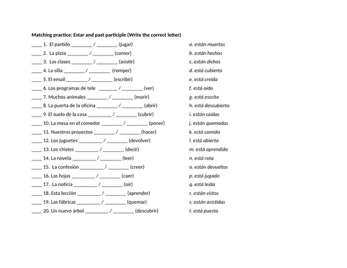 Matching practice: Estar and past participle | Teaching Resources