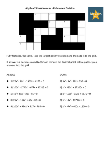Polynomial Division A Level Maths Cross Number Teaching Resources