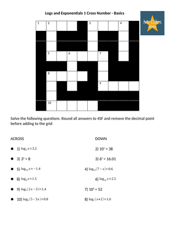 Basic Logs and Exponentials A Level Maths Cross Number | Teaching Resources