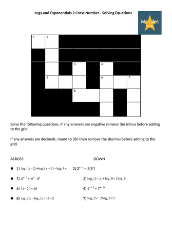 Solving Logs and Exponentials A Level Maths Cross Number | Teaching Resources