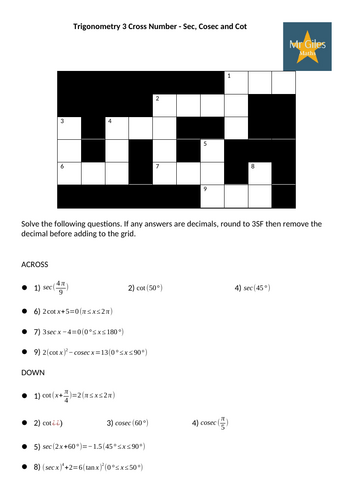 Sec Cosec And Cot A Level Maths Cross Number Teaching Resources