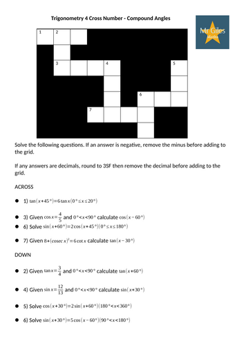 Compound Angles A Level Maths Cross Number | Teaching Resources