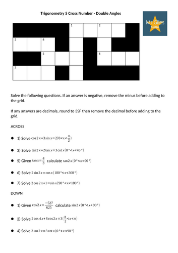 Double Angles A Level Maths Cross Number | Teaching Resources