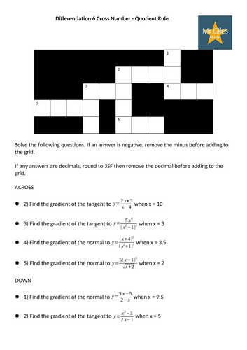 Quotient Rule A Level Maths Cross Number | Teaching Resources