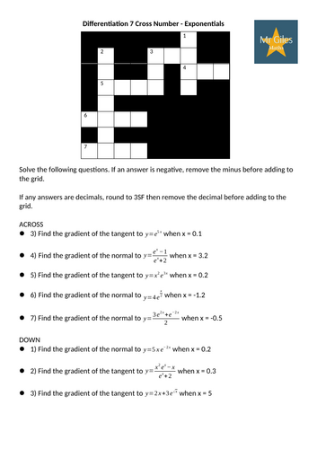 Differentiation Exponentials A Level Maths Cross Number | Teaching Resources