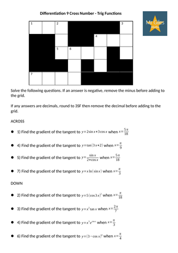Differentiation Trig Functions A Level Maths Cross Number | Teaching Resources