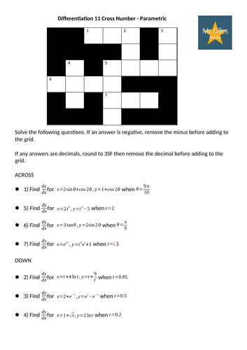 Parametric Differentiation A Level Maths Cross Number | Teaching Resources