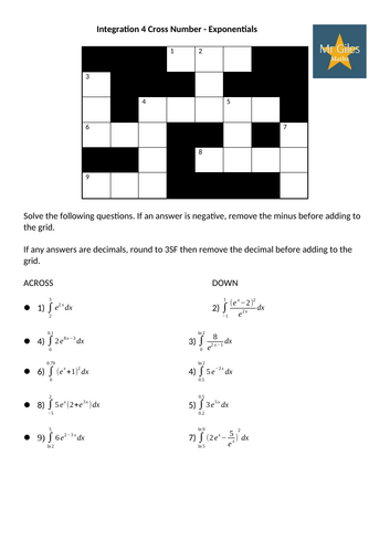 Integration Exponentials A Level Maths Cross Number | Teaching Resources