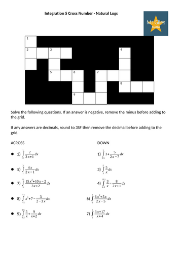 Integration Natural Logs A Level Maths Cross Number | Teaching Resources