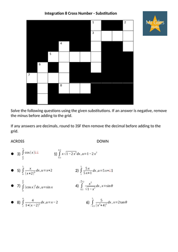 Integration By Substitution A Level Maths Cross Number Teaching Resources