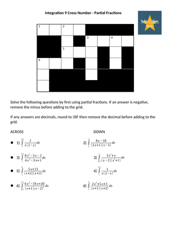 Integration Partial Fractions A Level Maths Cross Number | Teaching ...