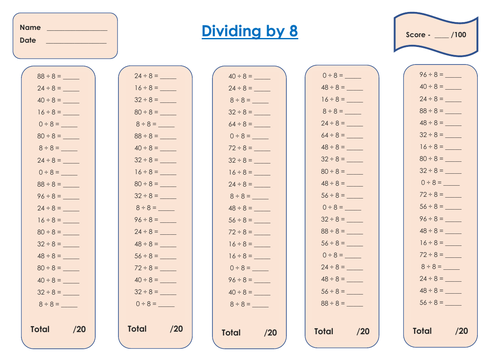 Dividing by 8 worksheet | Teaching Resources