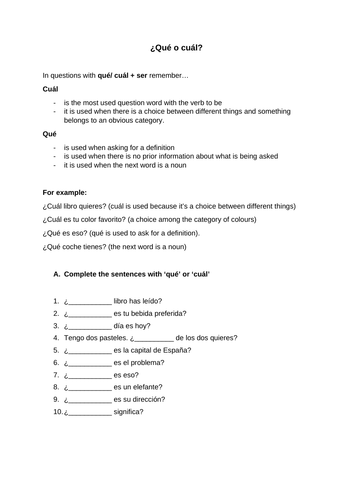 Spanish ¿Qué o cuál? | Teaching Resources