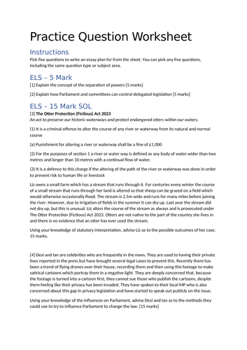 A-Level Law: Eduqas Practice Questions Worksheet (Year 12 Variation ...