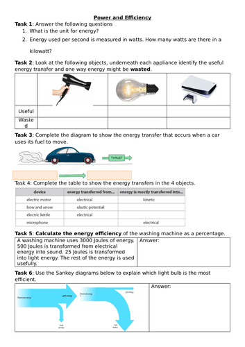 Energy Transfers, Power, Efficiency and Sankey Diagrams Worksheet - 8K ...