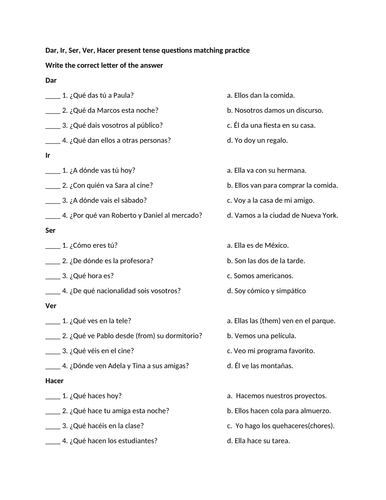 Dar, Ir, Ser, Ver, Hacer present tense questions matching practice ...
