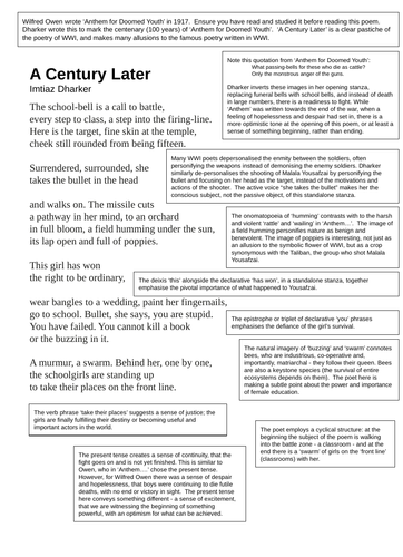 'A Century Later' Imtiaz Dharker analysis | Teaching Resources