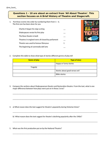 KS2 Reading SATs style question sheets - All About Theatre | Teaching ...