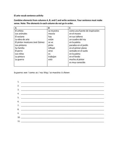 El arte vocab sentence activity | Teaching Resources